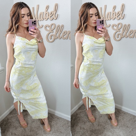 Fore | Dresses | Fore White And Lime Green Tropical Floral Leaf Ruched ...